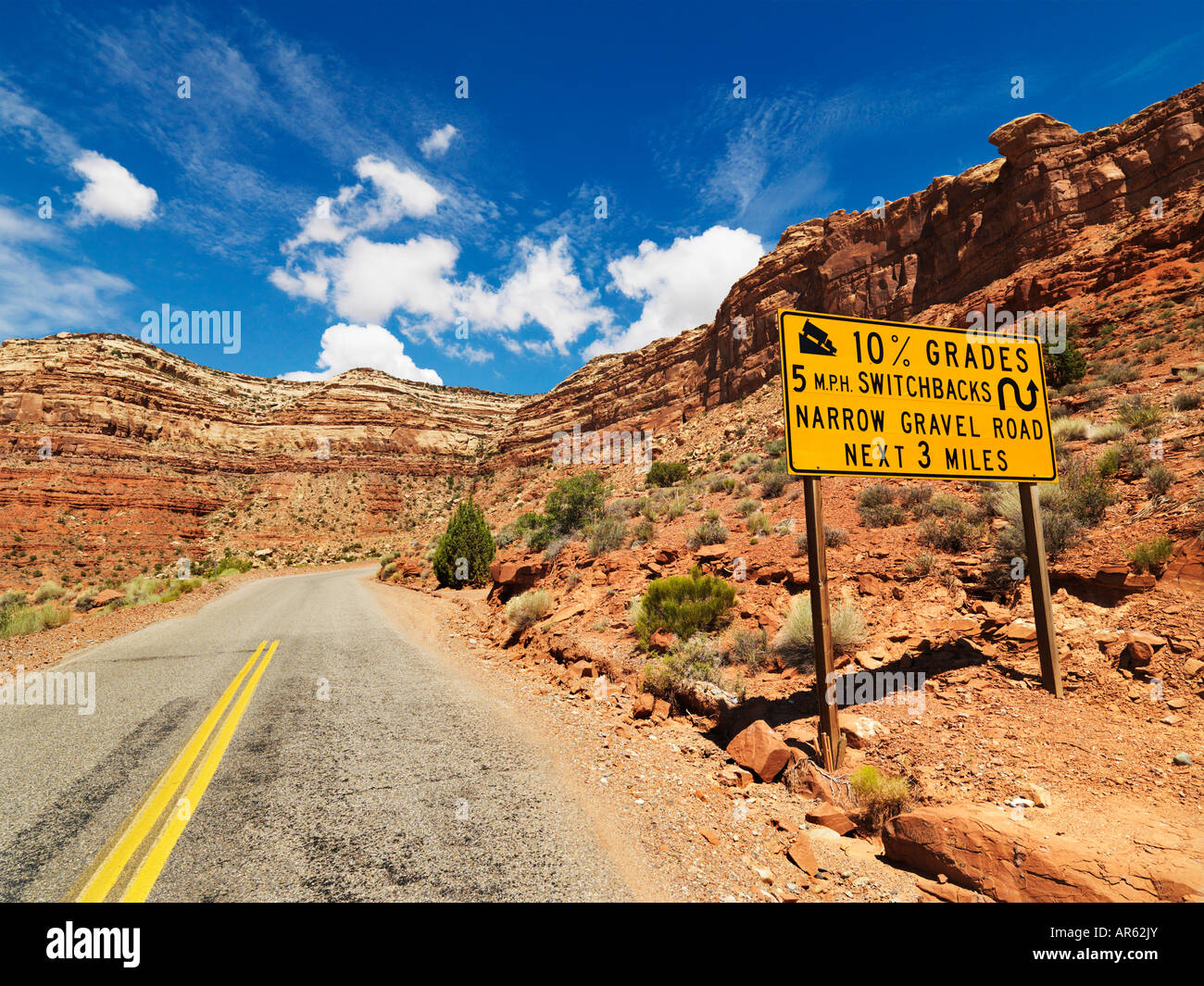Road sign warning steep grade through rocky Utah landscape Stock Photo ...
