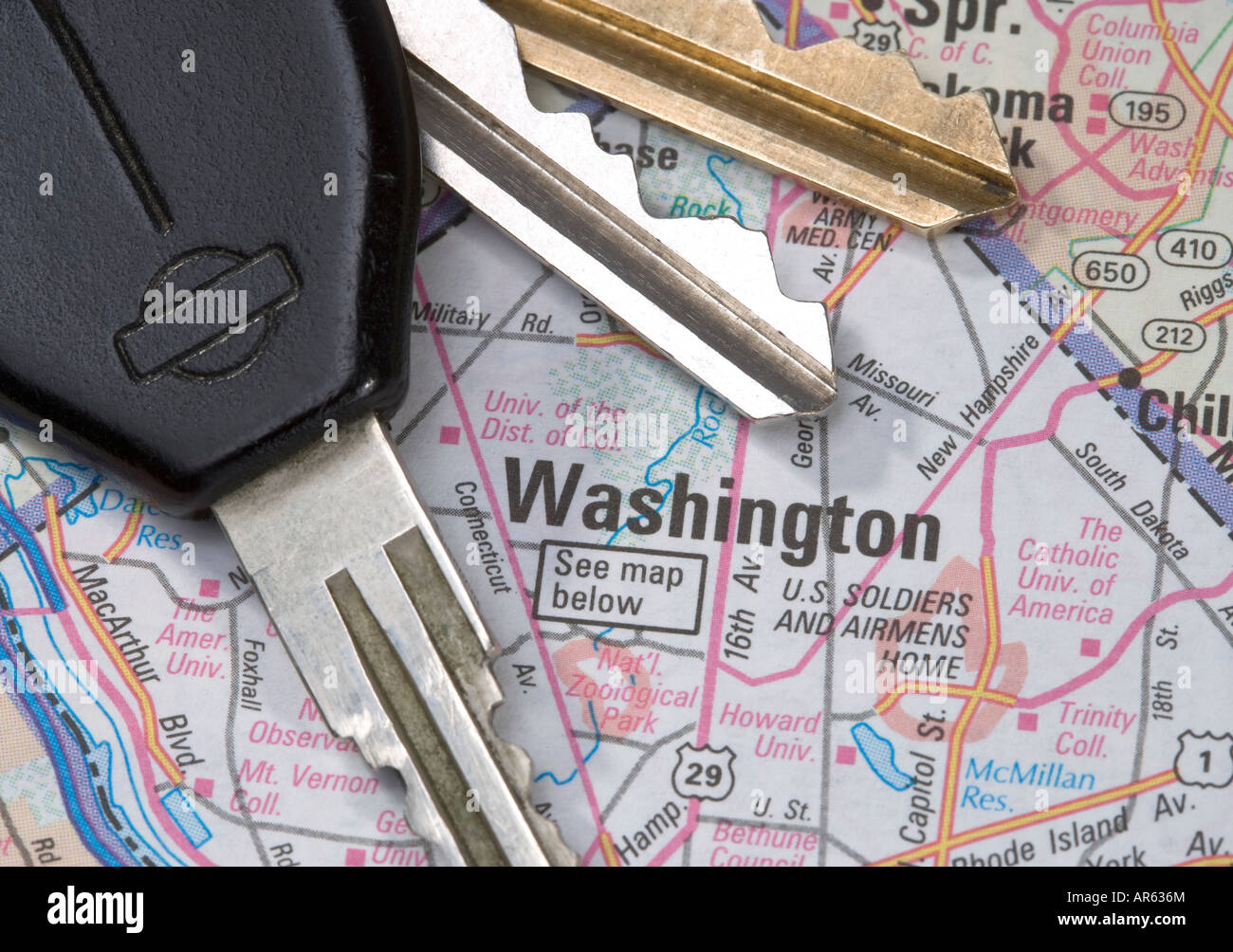 A close up of a map of Washington D C with car keys Stock Photo - Alamy