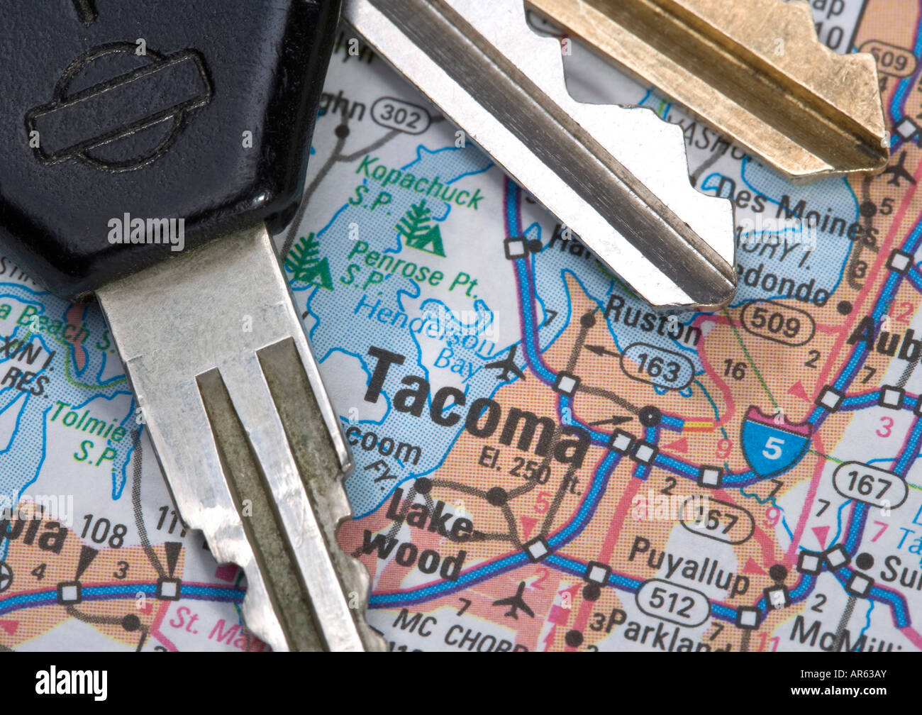 A close up of a map of Tacoma Washington with car keys Stock Photo - Alamy