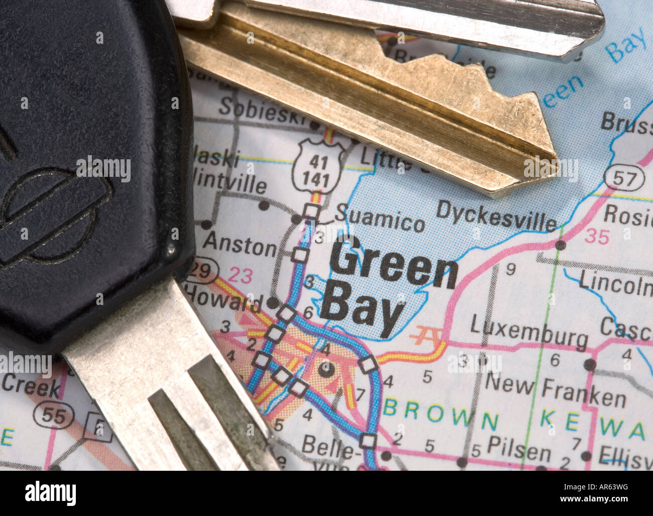 A close up of a map of Green Bay Wisconsin with car keys Stock Photo ...