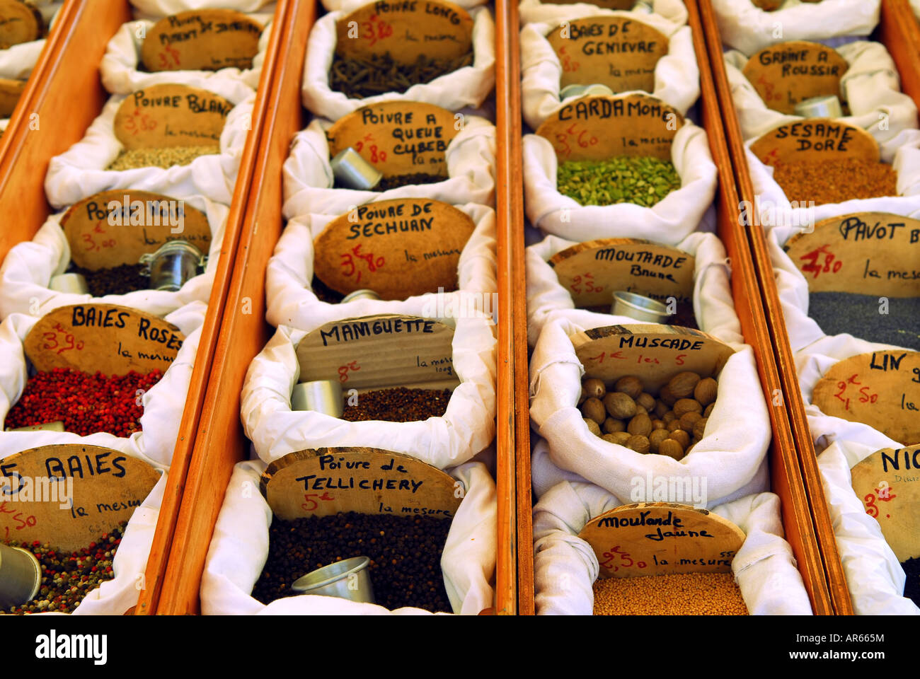 Assorted spices for sale on french farmers market in Perigueux France ...