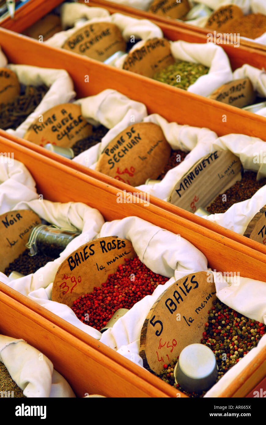 Assorted spices for sale on french farmers market in Perigueux France ...