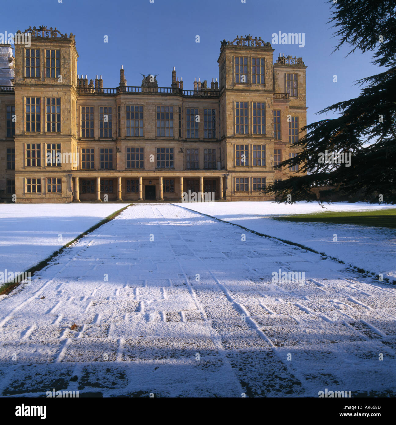 The Entrance Front of Hardwick Hall in the winter sunshine with a snow ...