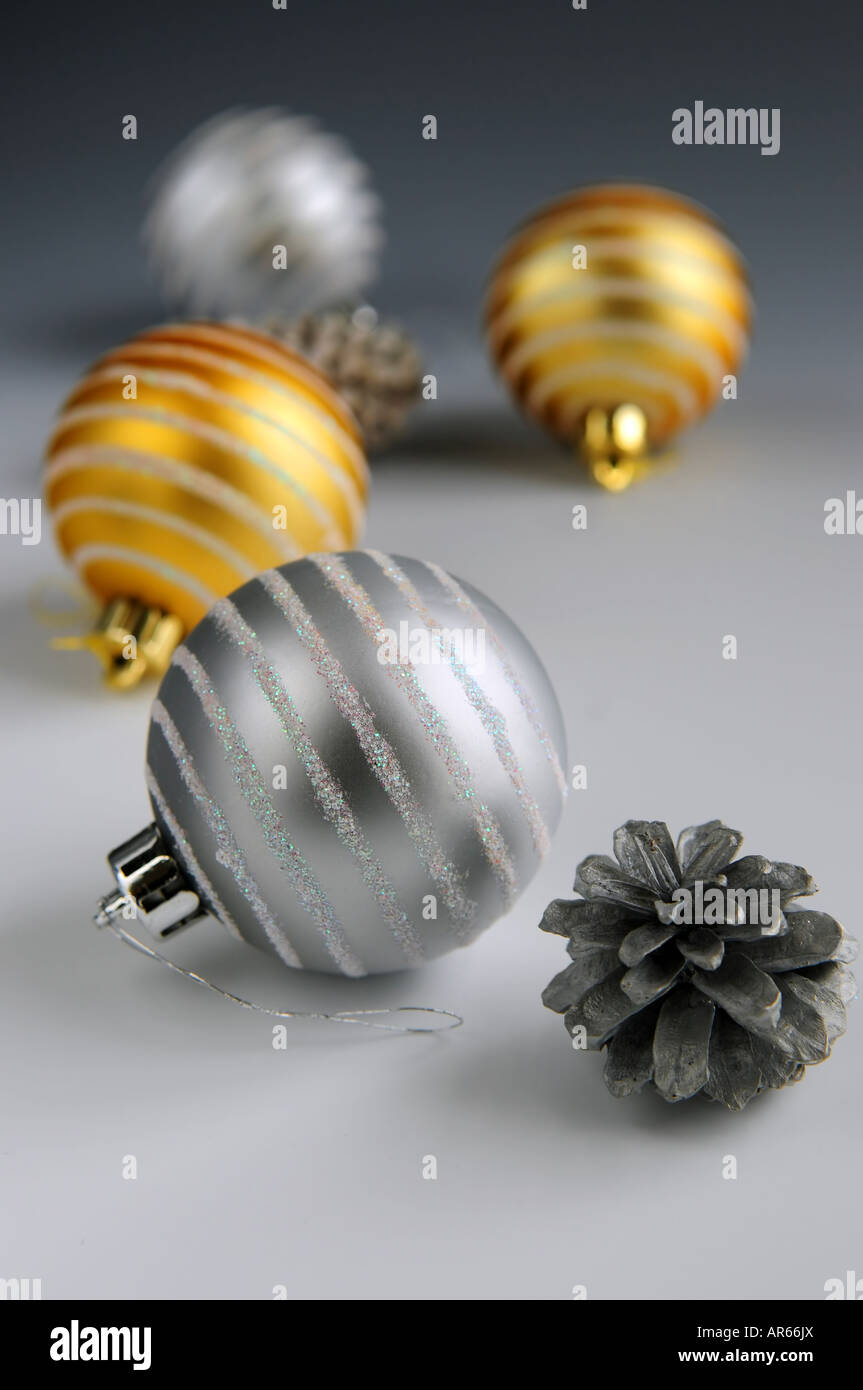 Christmas arrangement with glass bauble ornaments and pine cones Stock ...