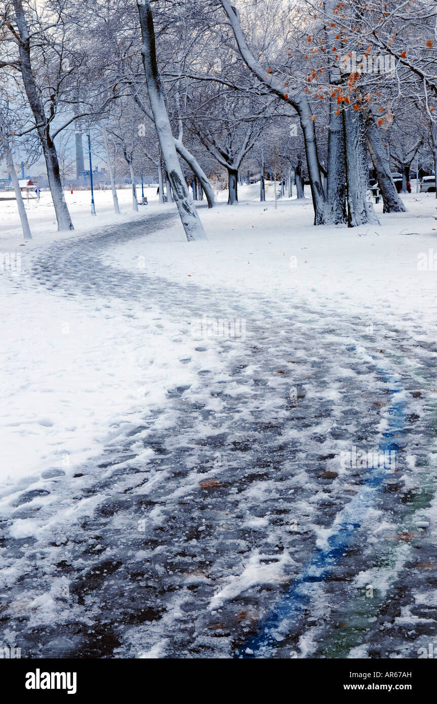 Winter park and recreational trail covered with snow Beach area Toronto ...