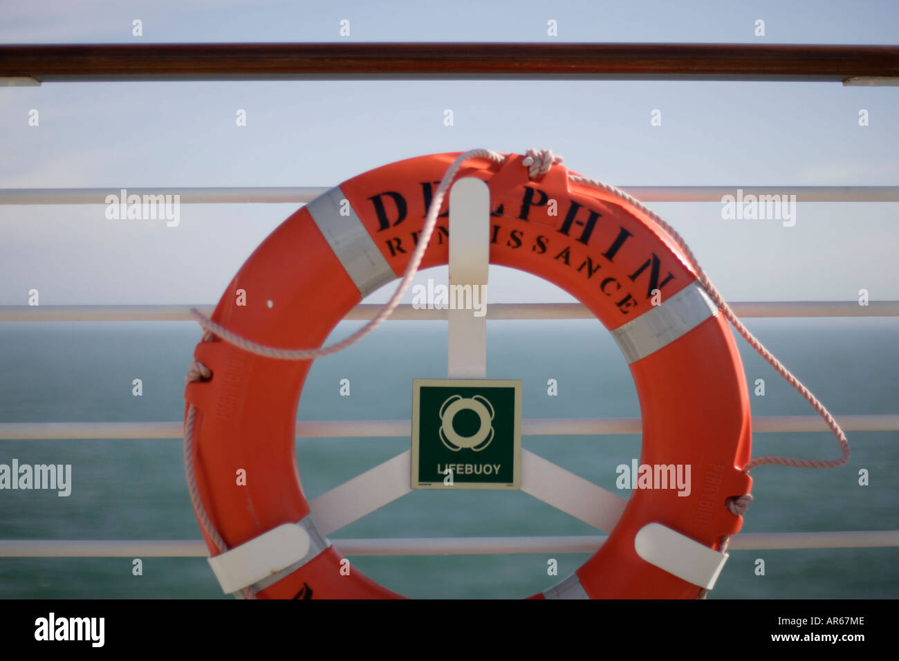 A life belt hanging at the railing, cruise ship MS Delphin Renaissance ...
