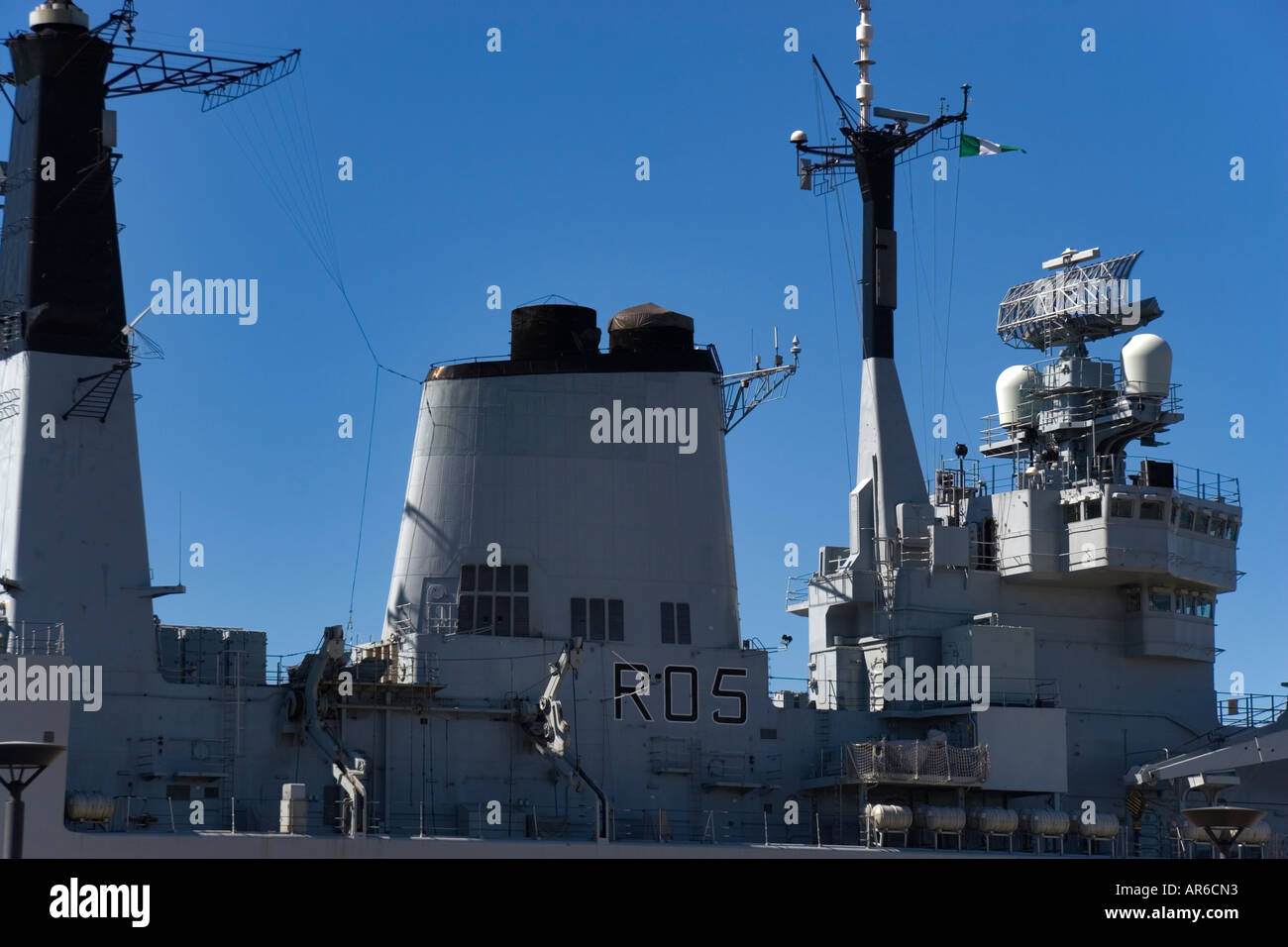 A close up of the superstructure of the Royal Navy's Invincible class ...