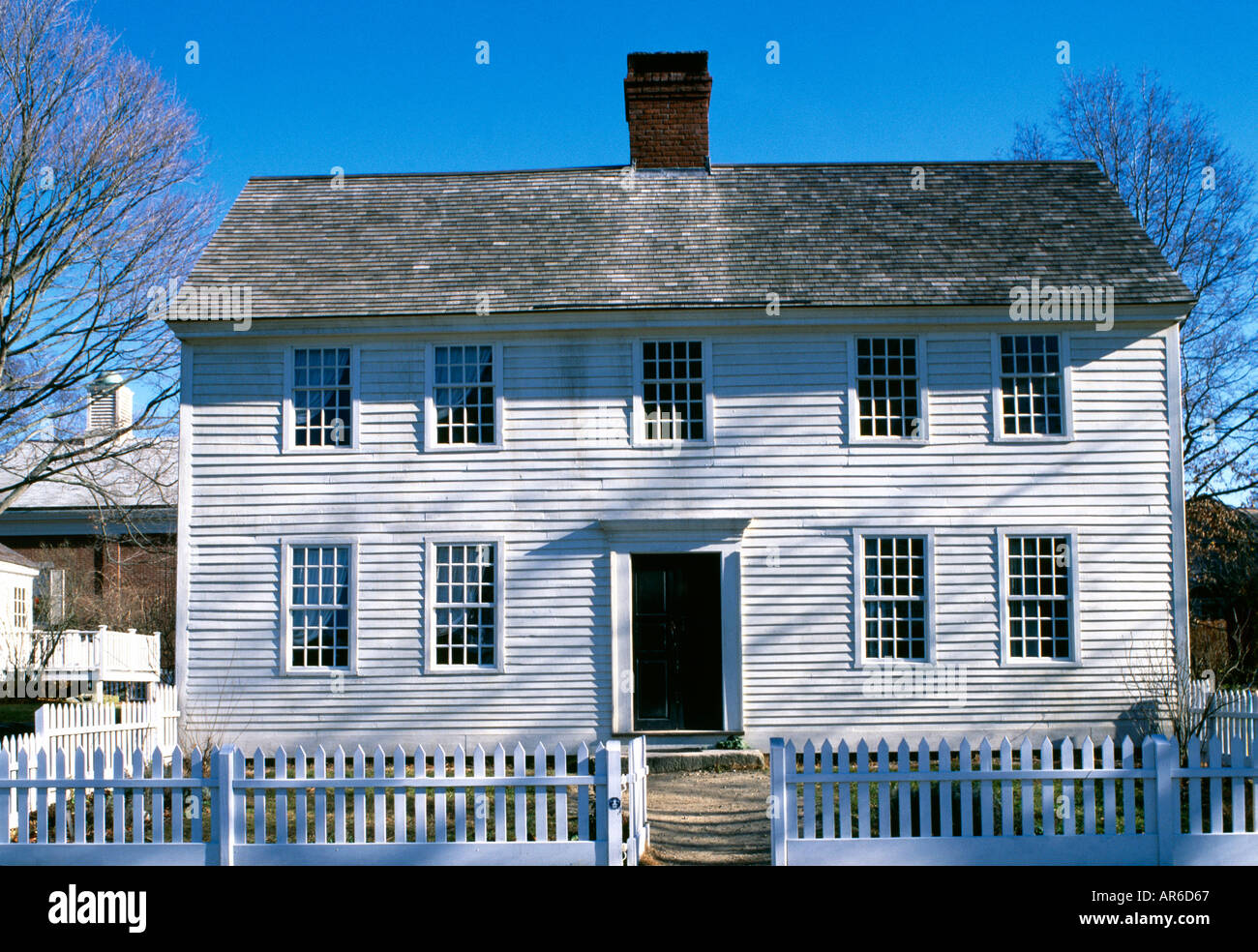 Traditional clapboard house, Mystic Seaport, Connecticut, USA. Exterior ...
