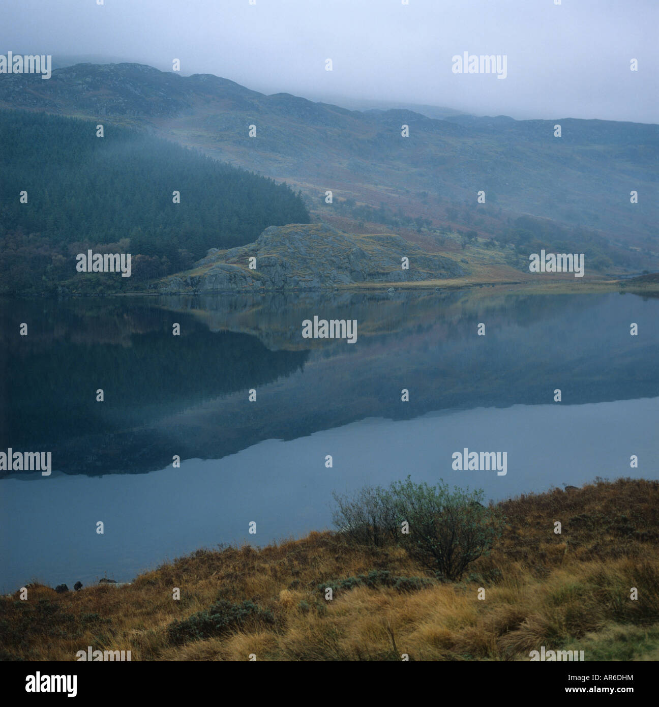 Misty dull day with reflections in a still mountain lake in Snowdonia ...