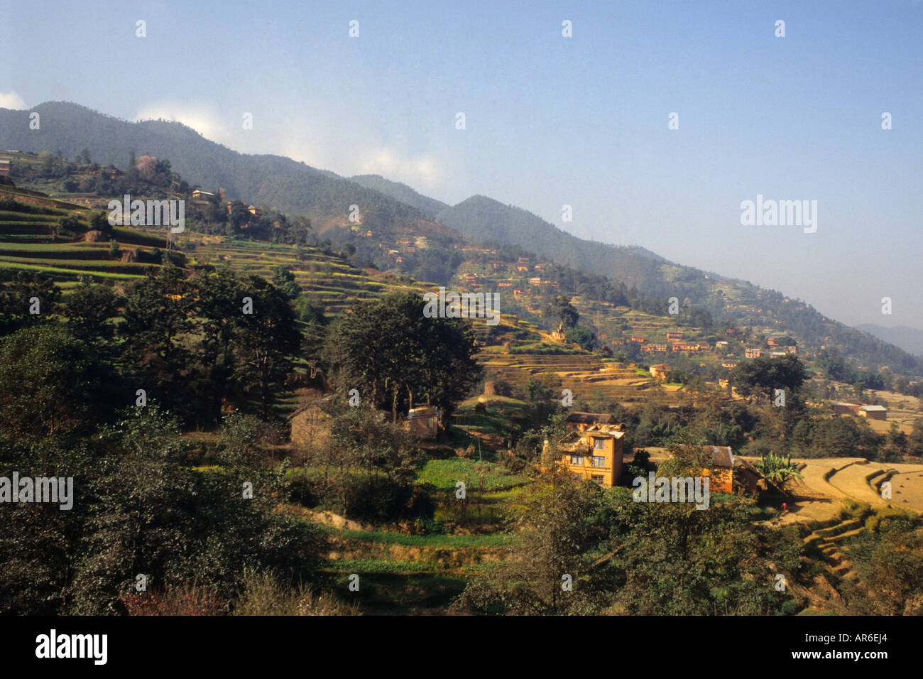 Vista of the ancient layered rice fields of farming near Mt Everest in ...