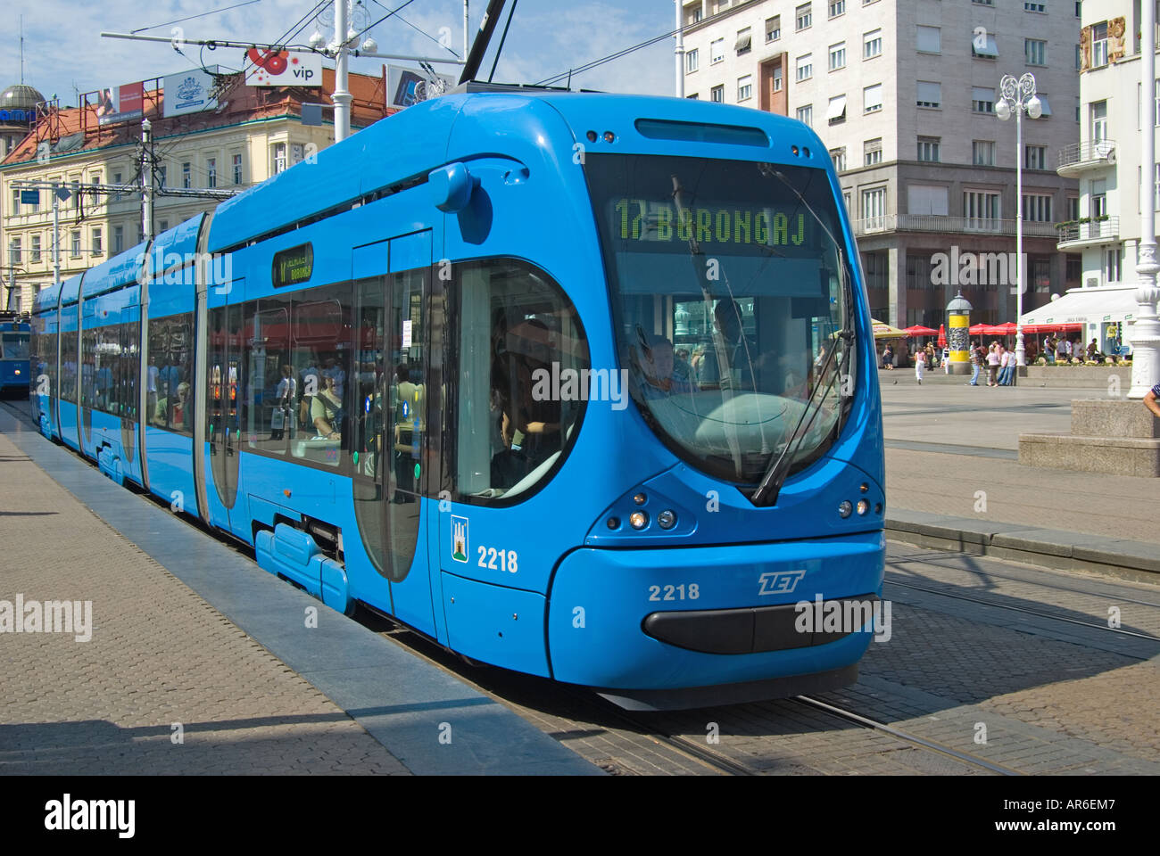 Zagreb, Croatia. Modern tram at tram stop in town centre Stock Photo ...