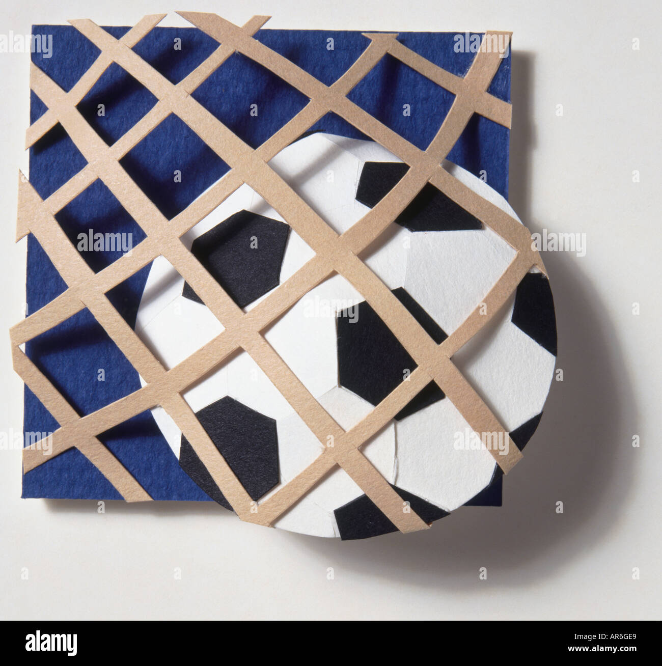 Paper collage of black and white football stretching goal net, scoring ...