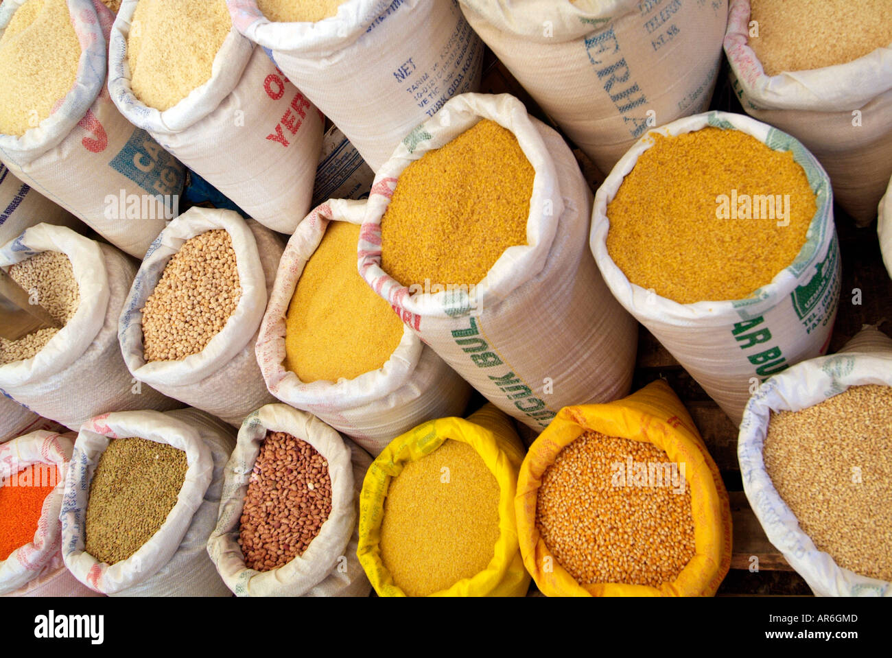 Sack market stall various bean pulse legume pea corn rice white long ...