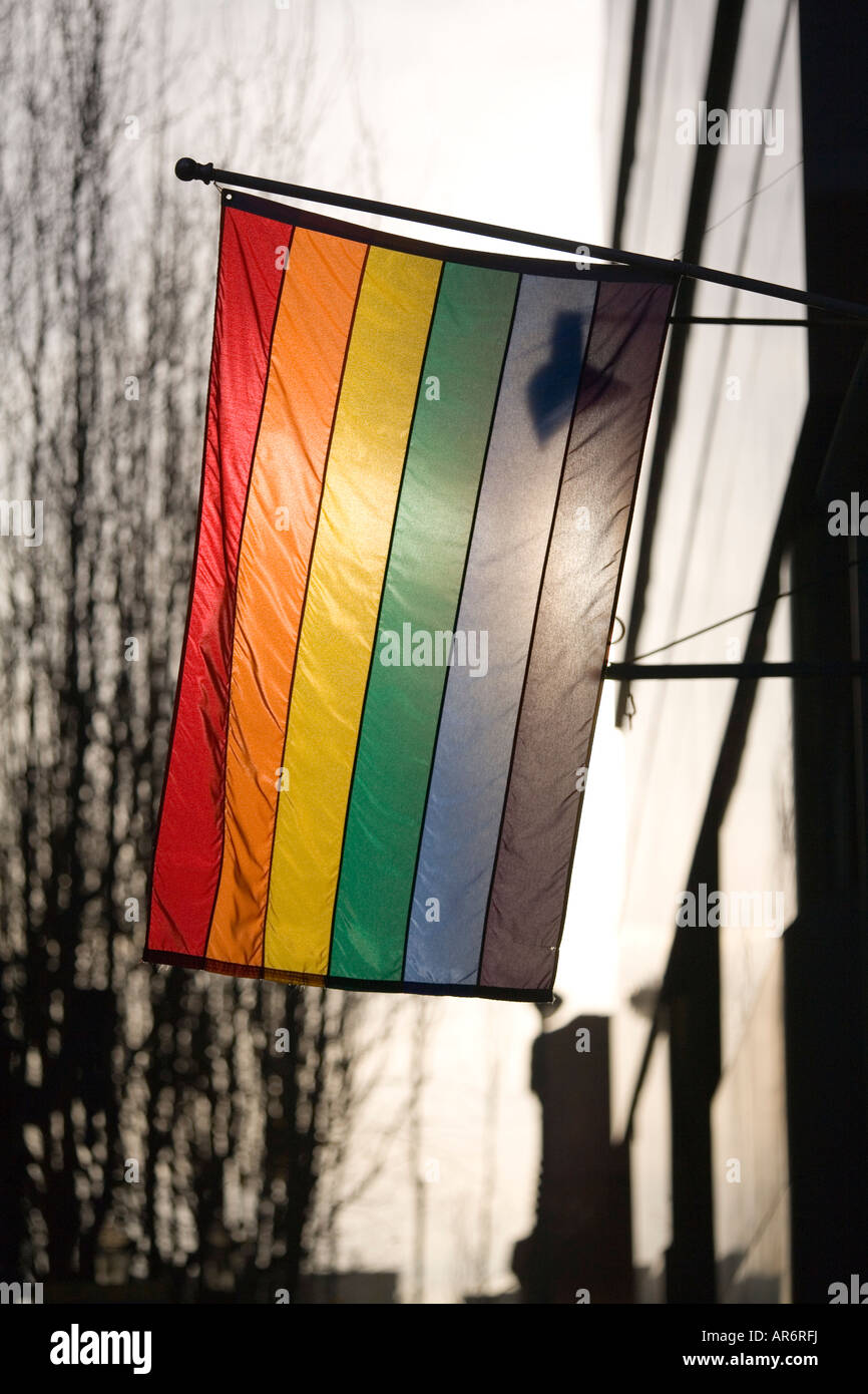 Rainbow (gay) flag in front of bar in downtown San Jose Stock Photo - Alamy