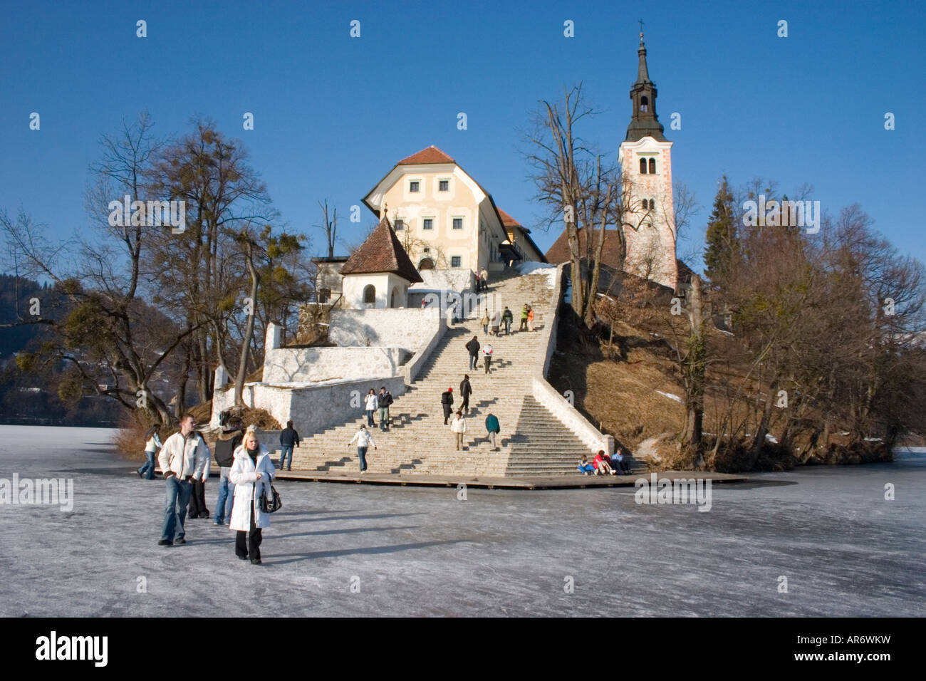 Lake Bled frozen in winter Slovenia Stock Photo - Alamy