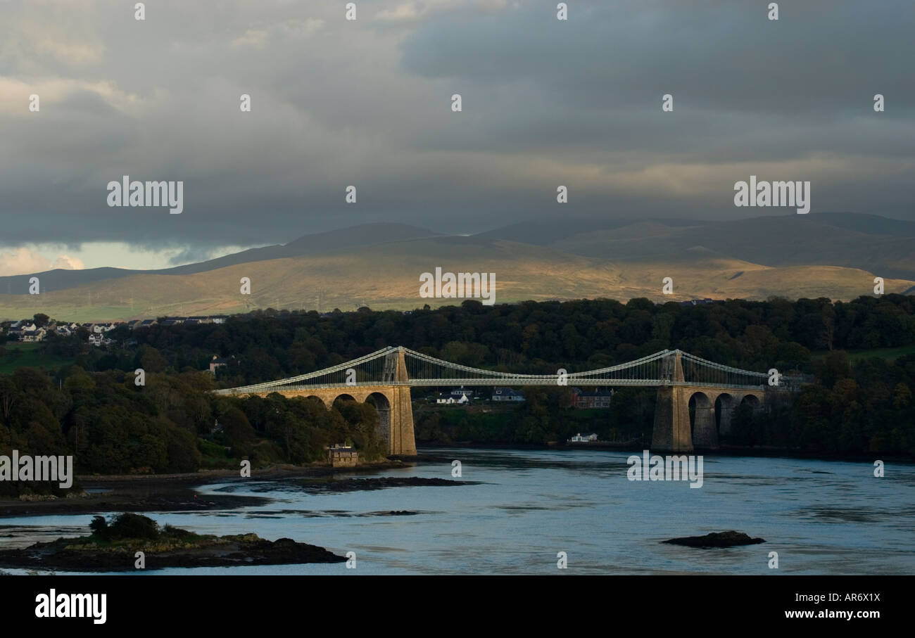 Sunset over the Menai Strait Suspension Bridge Anglesey Gwynedd North ...