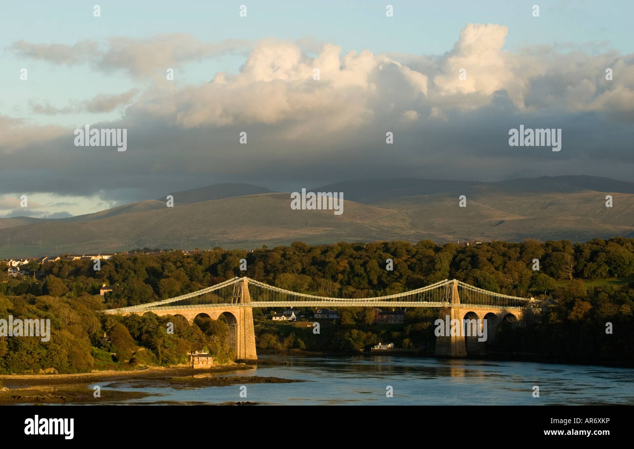 Sunset over the Menai Strait Suspension Bridge Anglesey Gwynedd North ...