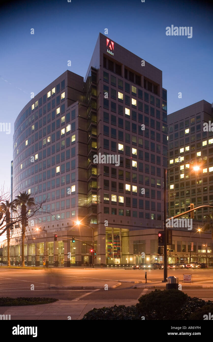 Adobe Software Building Headquarters at night, Downtown San Jose ...
