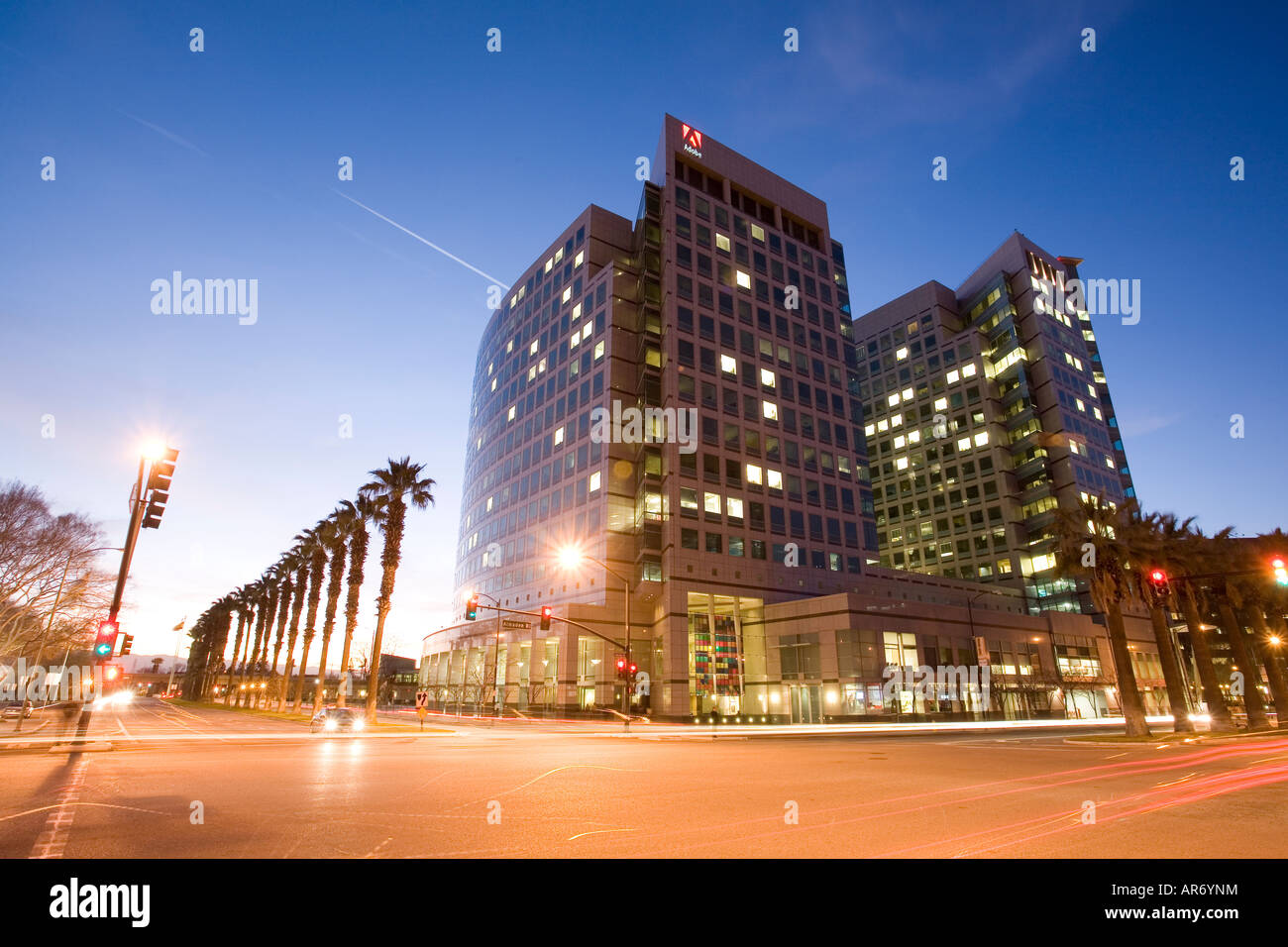 Adobe Software Building Headquarters at night, Downtown San Jose ...