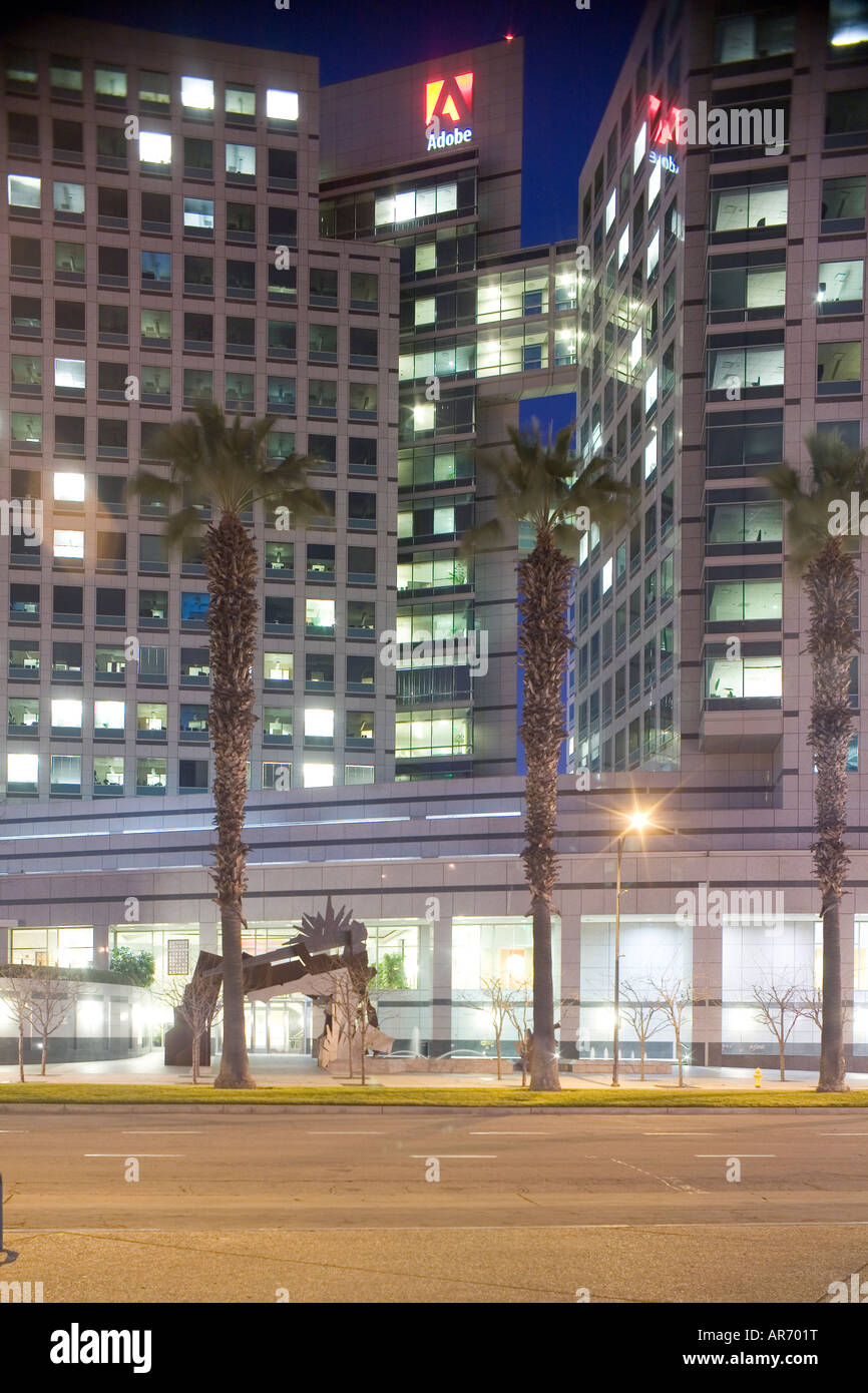 Adobe Software Building Headquarters at night, Downtown San Jose ...