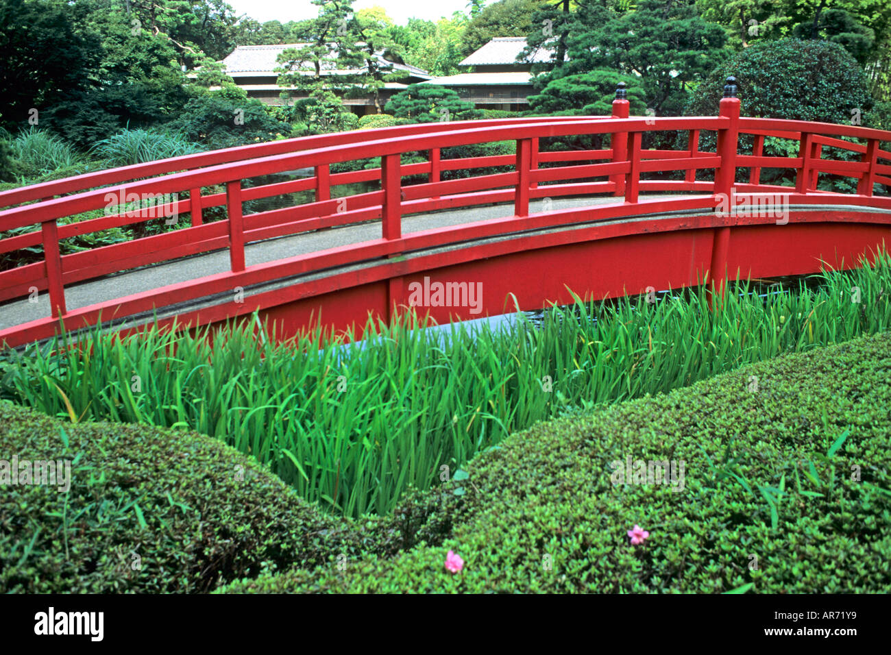 Beautiful red curved bridge in Tokyo garden Japan Stock Photo - Alamy