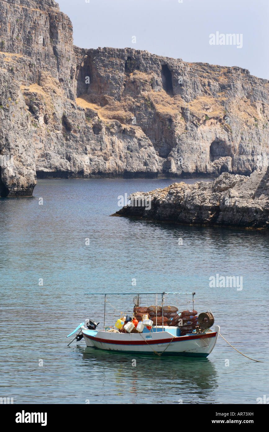 Greek Fishing Boat on the Mediterranean sea Lindos Rhodes Greece Stock ...