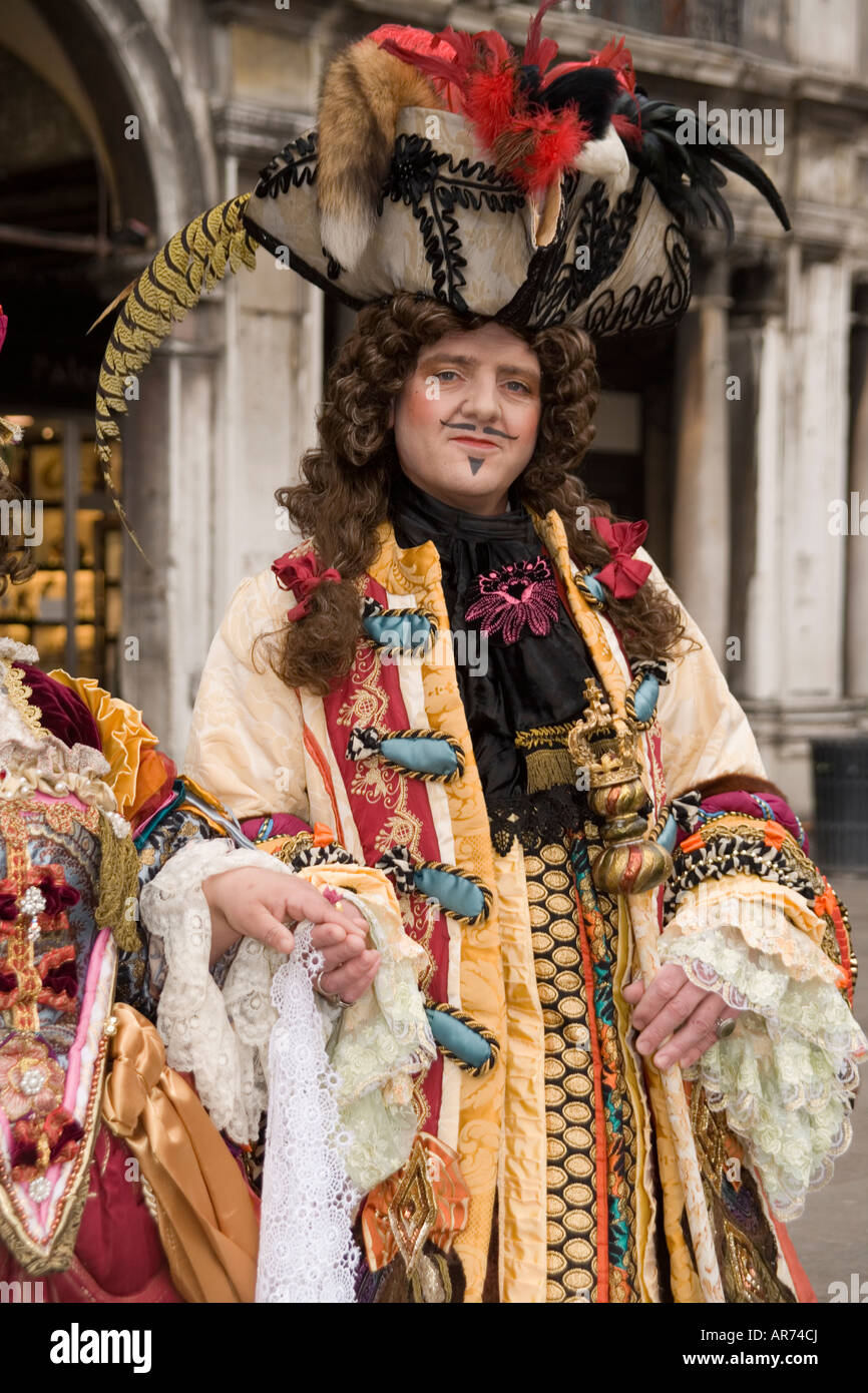Reveller in historical costume at the Venice carnival in St Mark's ...