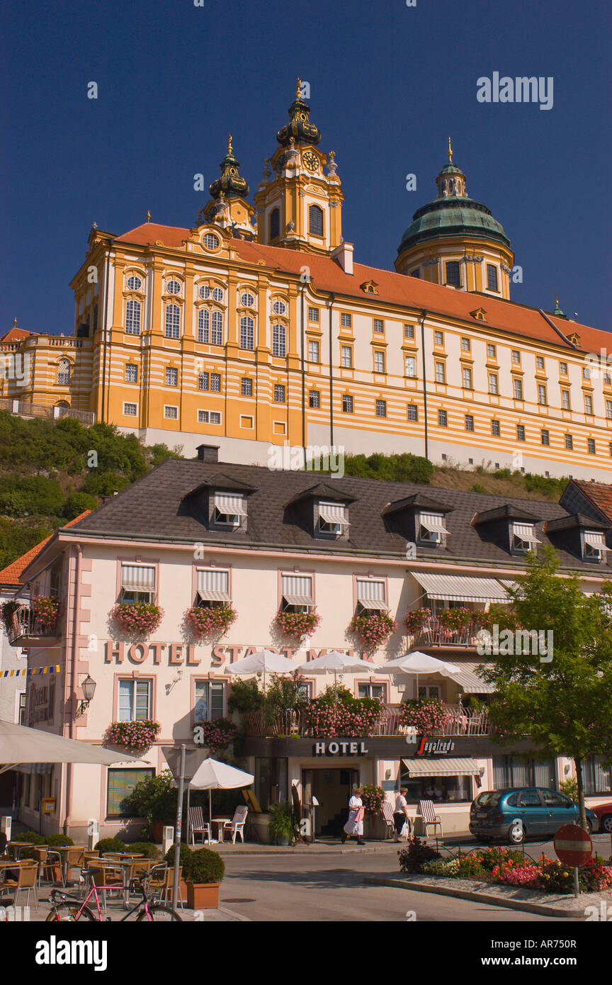 MELK AUSTRIA Stift Melk Benedictine abbey rises above a hotel in Melk ... MELK AUSTRIA Stift Melk Benedictine abbey rises above a hotel in Melk ...