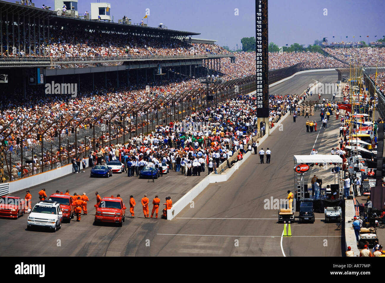The starting line at the Indianapolis 500 with race teams preparing ...