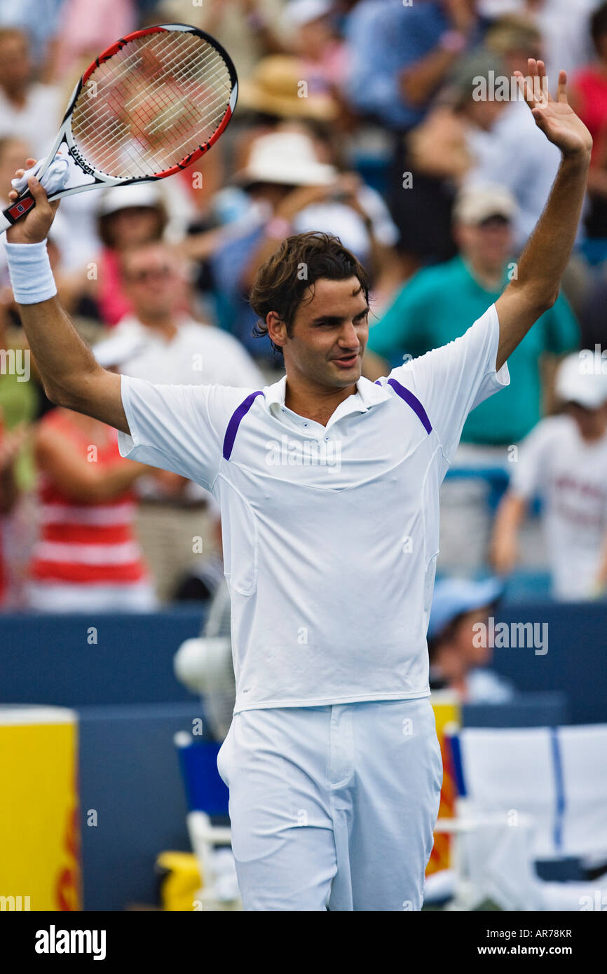 Roger Federer reacts after winning another tennis match at the ...