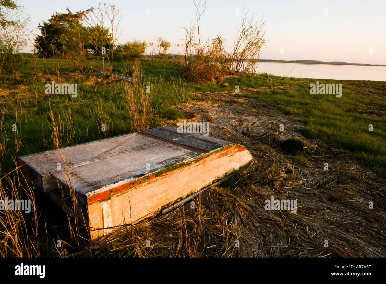 An old skiff washed up on a salt marsh at the Strawberry Hill Preserve ...