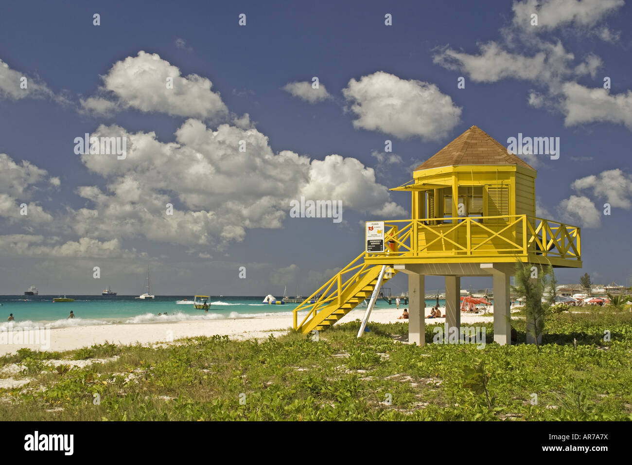 Browne's Beach lifeguard tower on Carlisle Bay at Bridgetown on island ...