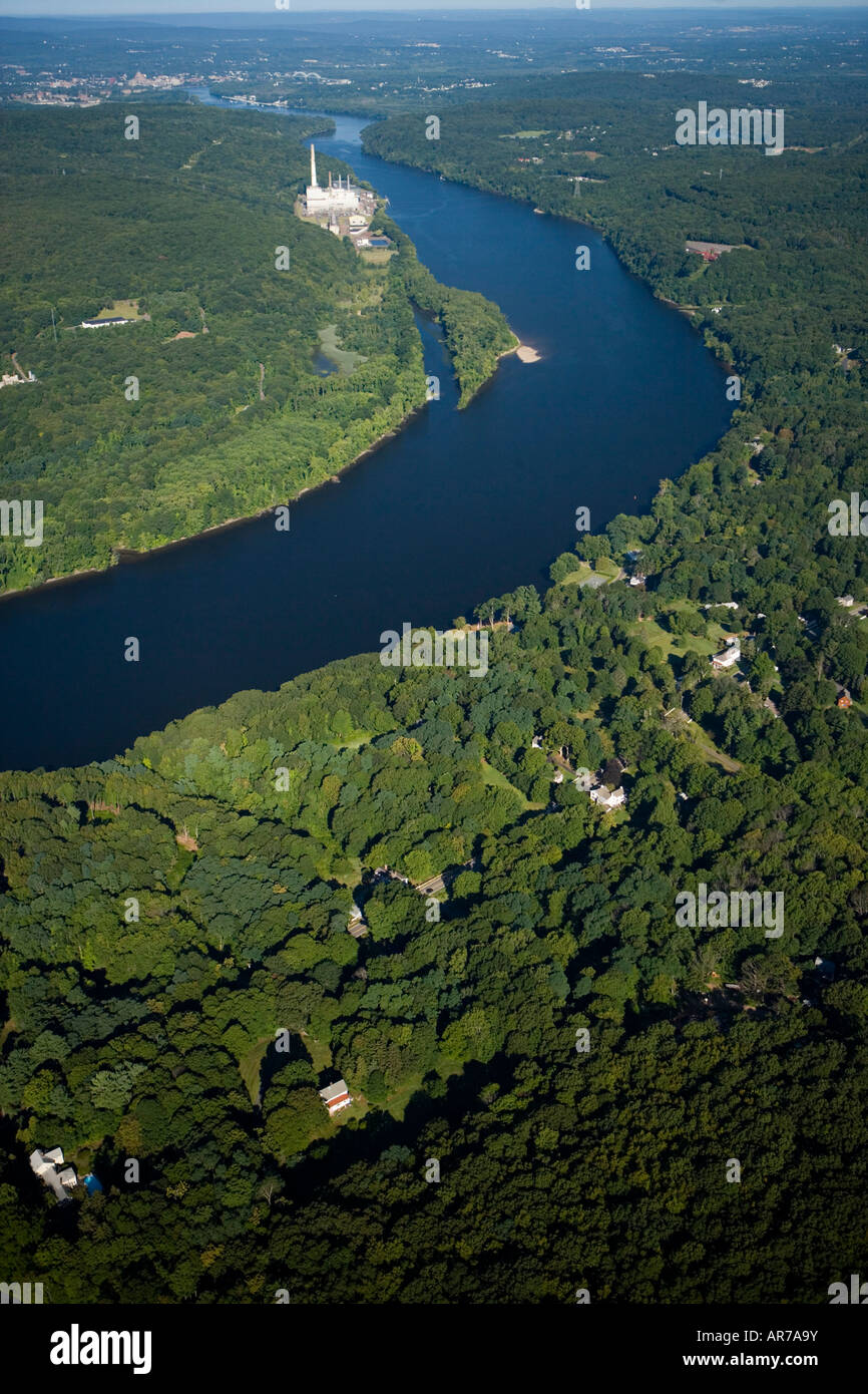 The Connecticut River in Portland, Connecticut. Power plant. Aerial ...