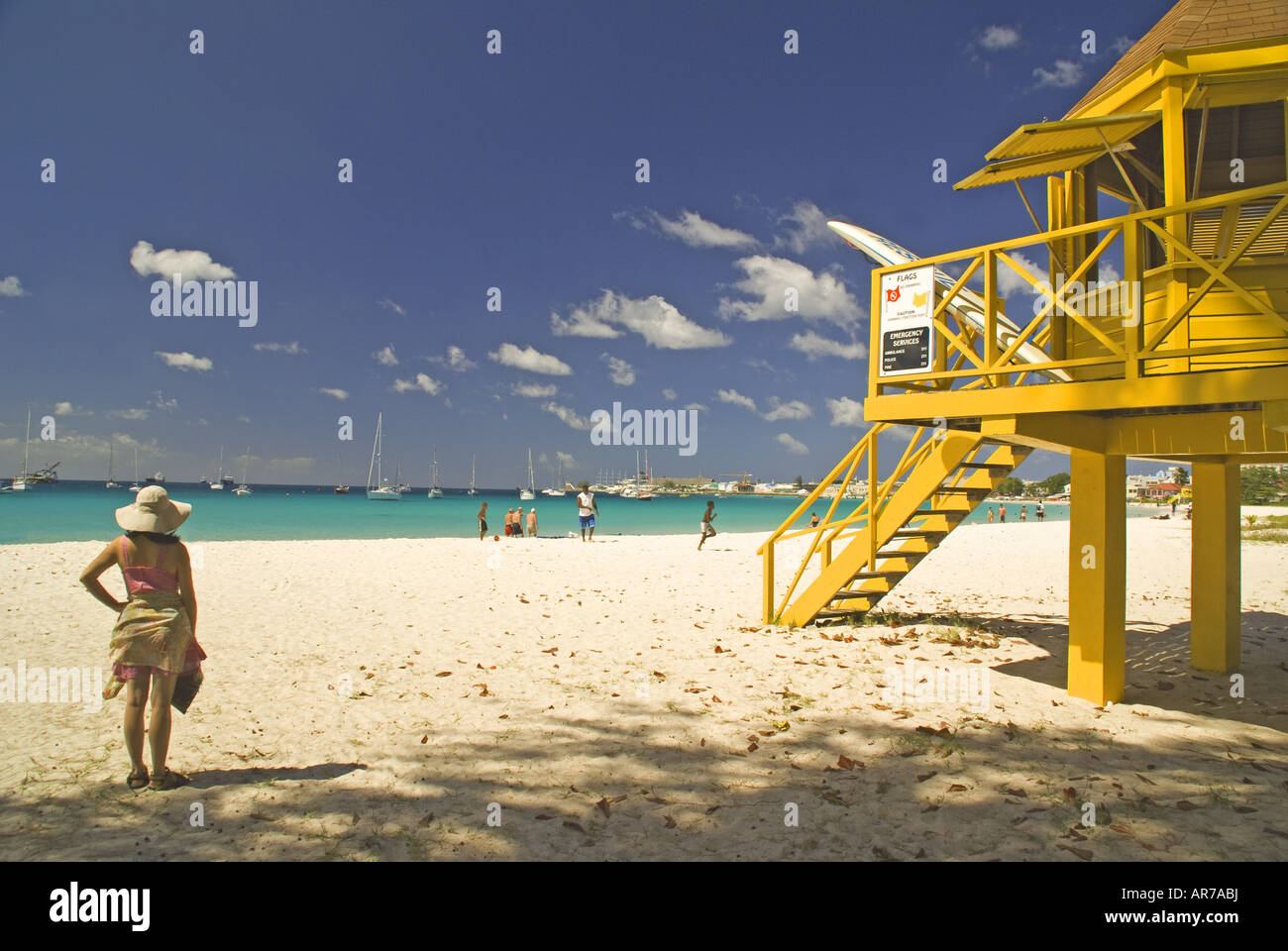 Browne' s Beach lifeguard tower on Carlisle Bay at Bridgetown on island ...