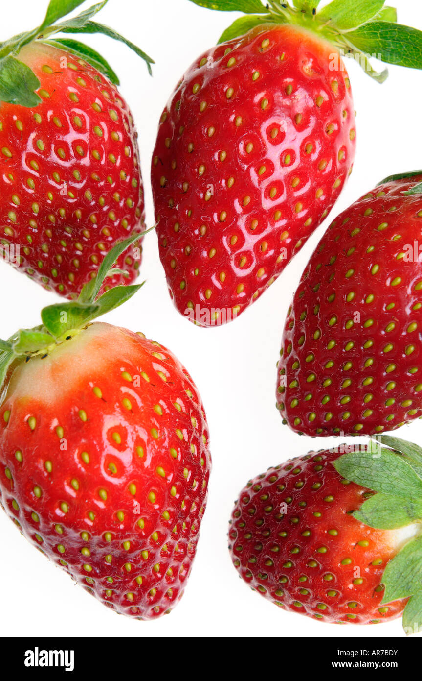 Five strawberries close up on a white background Stock Photo - Alamy