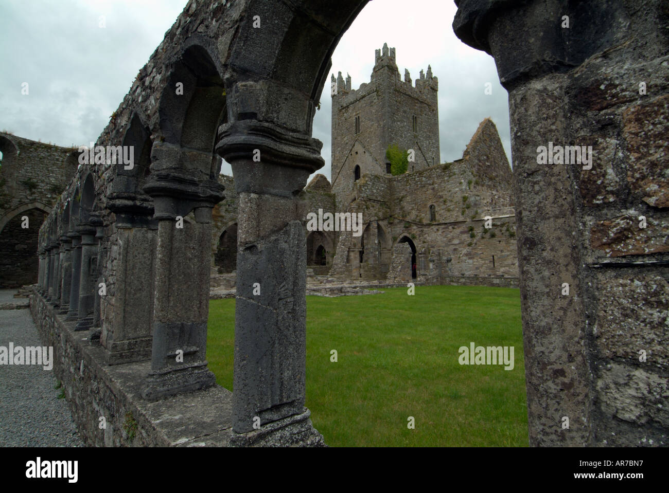 View of the tower through the cloisters at Jerpoint abbey, County ...