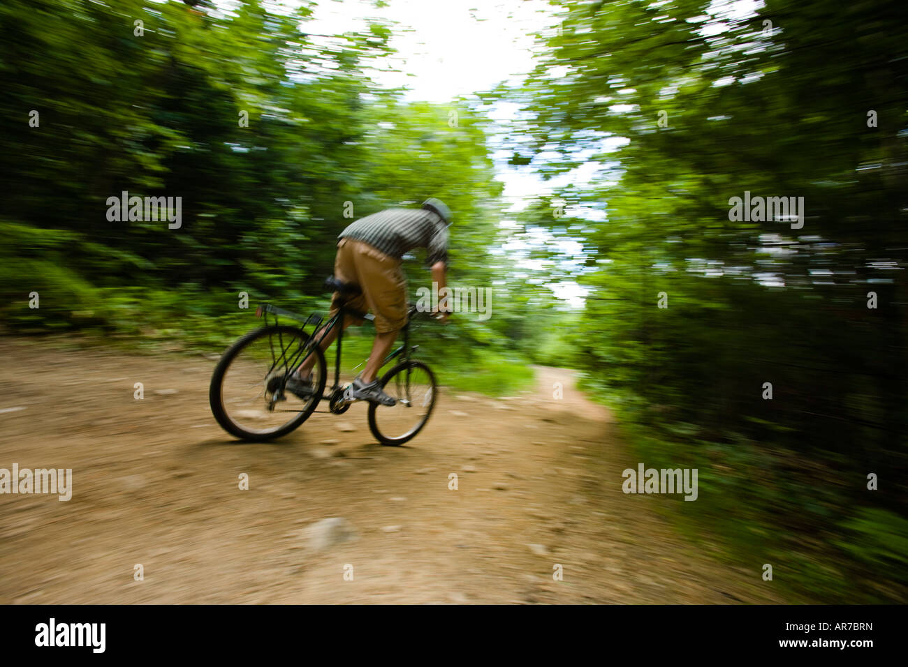 A man (age 19) mountain bikes on a trail in Turner, Maine Stock Photo ...