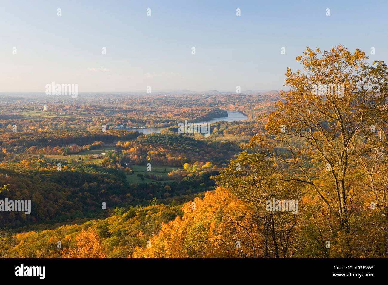 Farms, forest, and the Connecticut River in fall as seen from Mount ...