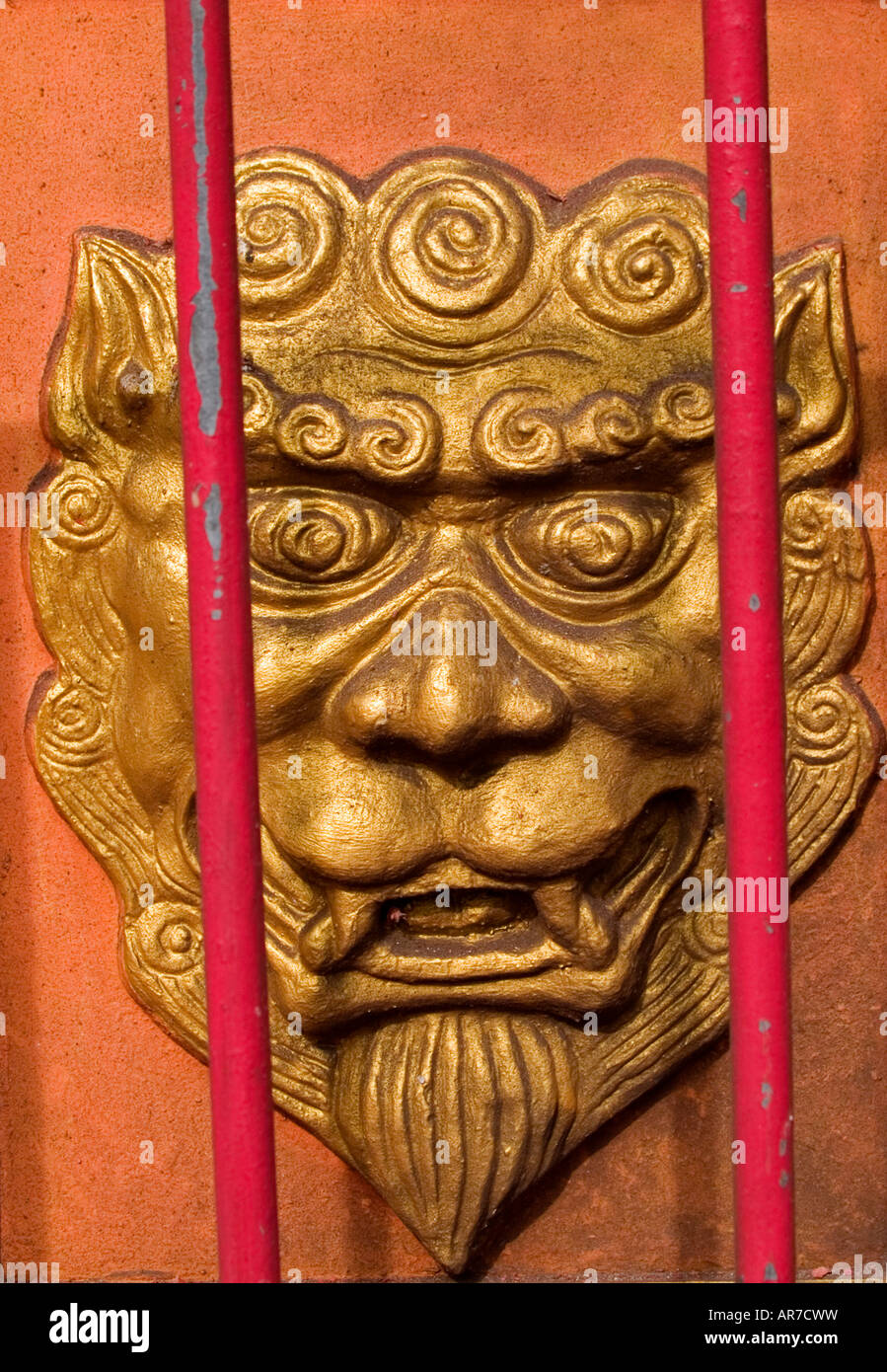 face on a Chinese shrine at the bizarre Vegetarian Festival Phuket ...