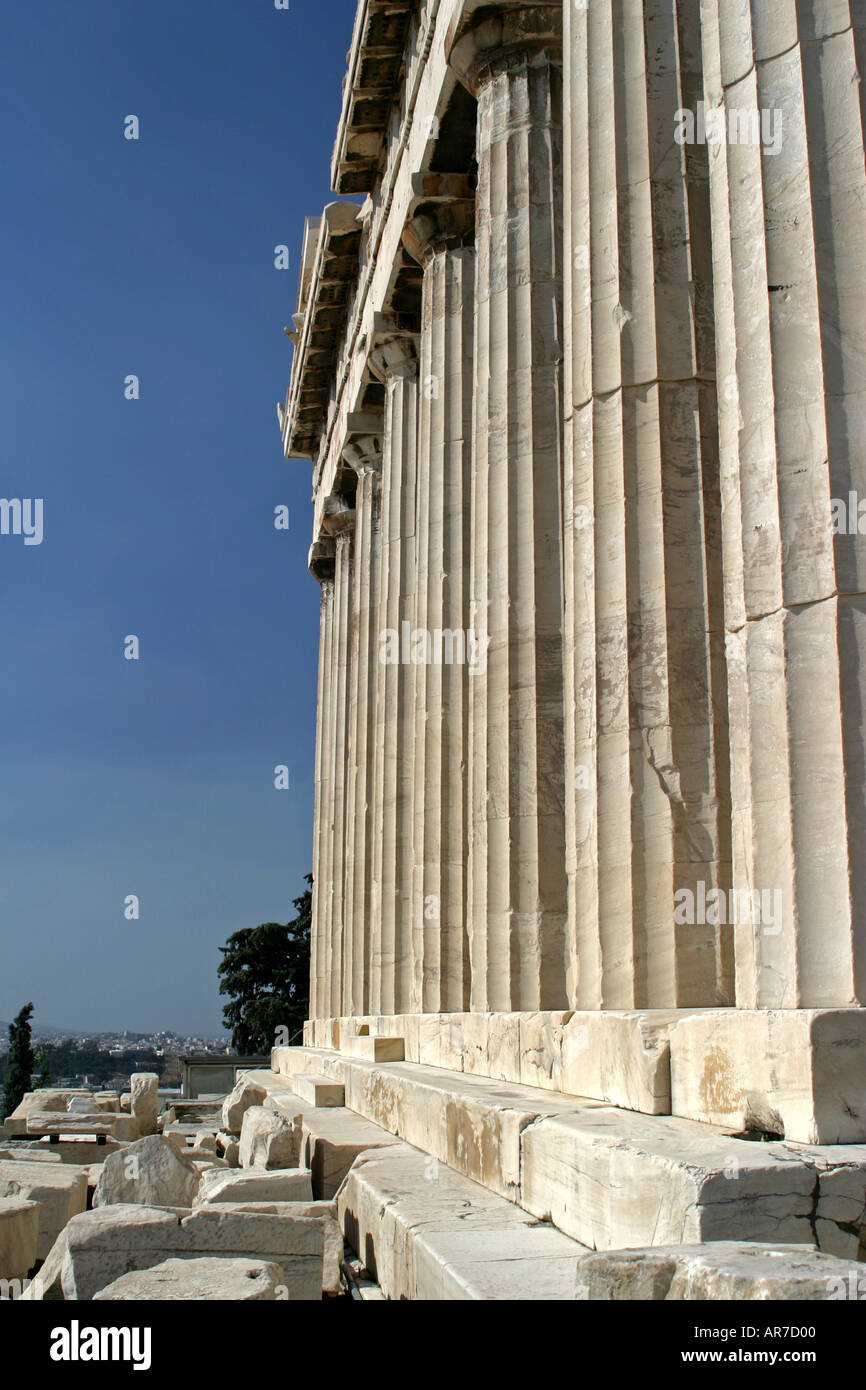 Ancient stone columns and ruins at the Acropolis Athens Greece stand ...