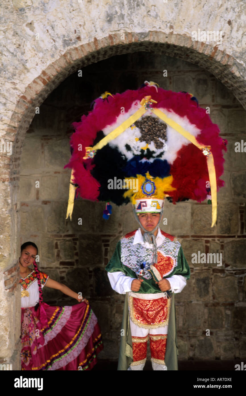 Colorful historical man dancer in traditional head dress in Oaxaca ...