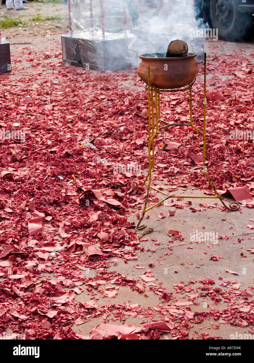 the leftovers from fireworks set off at a Chinese shrine at the bizarre ...