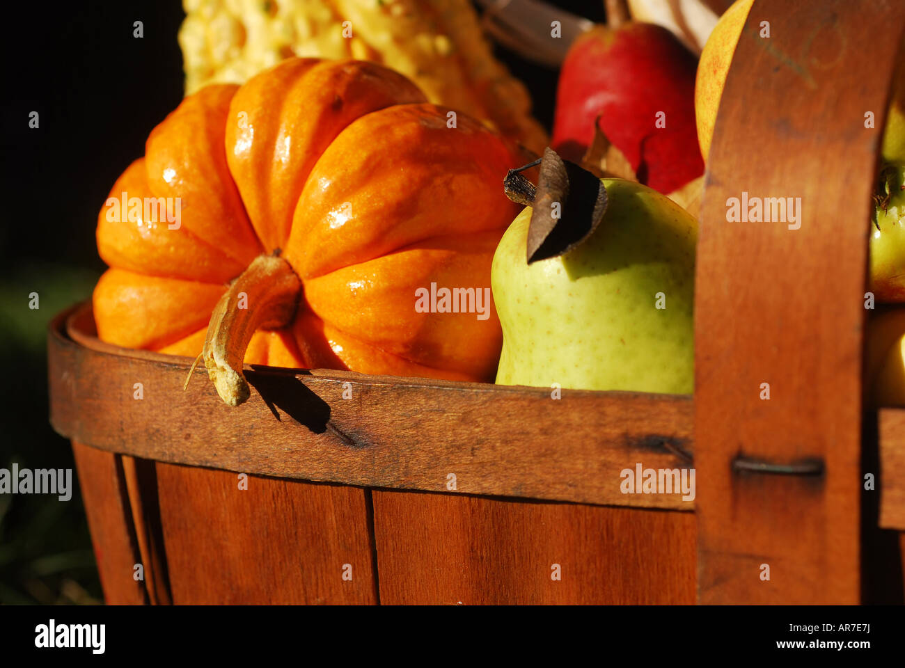 Vintage wooden fruit basket filled with autumn fruits and vegetables ...