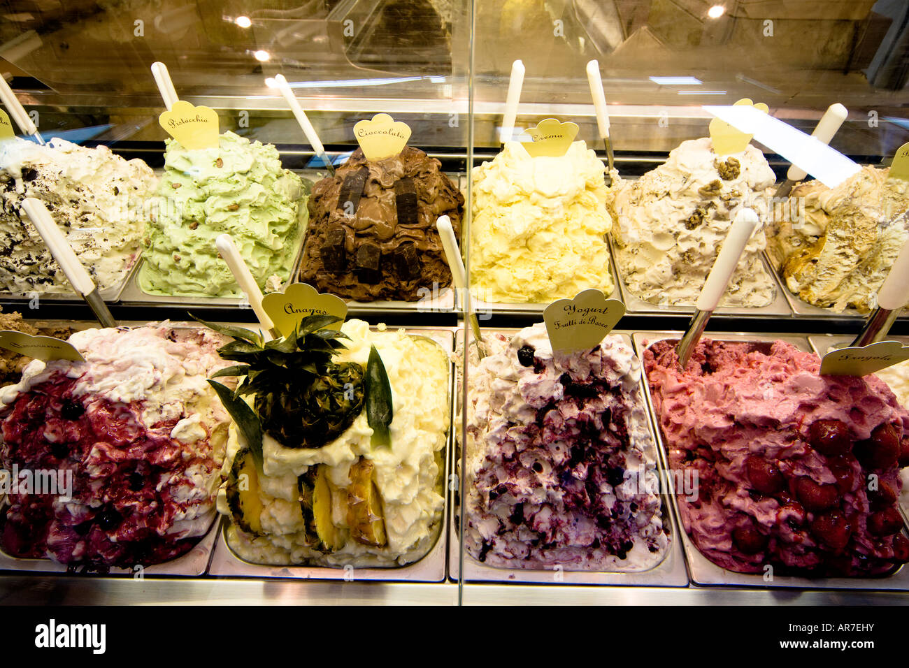 Beautifully arranged mounds of fresh Italian ice cream await at a ...