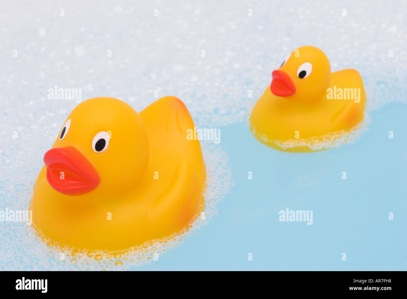 GROUP OF YELLOW RUBBER DUCKS IN BATH FILLED BLUE BUBBLE BATH Stock ...