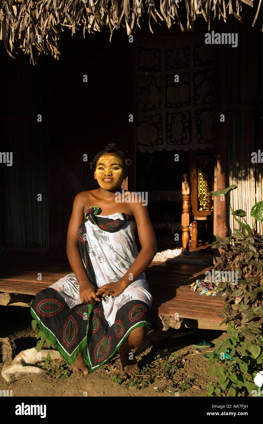 Girl with traditionally painted face from the Sakalava tribe, Nosy Be ...