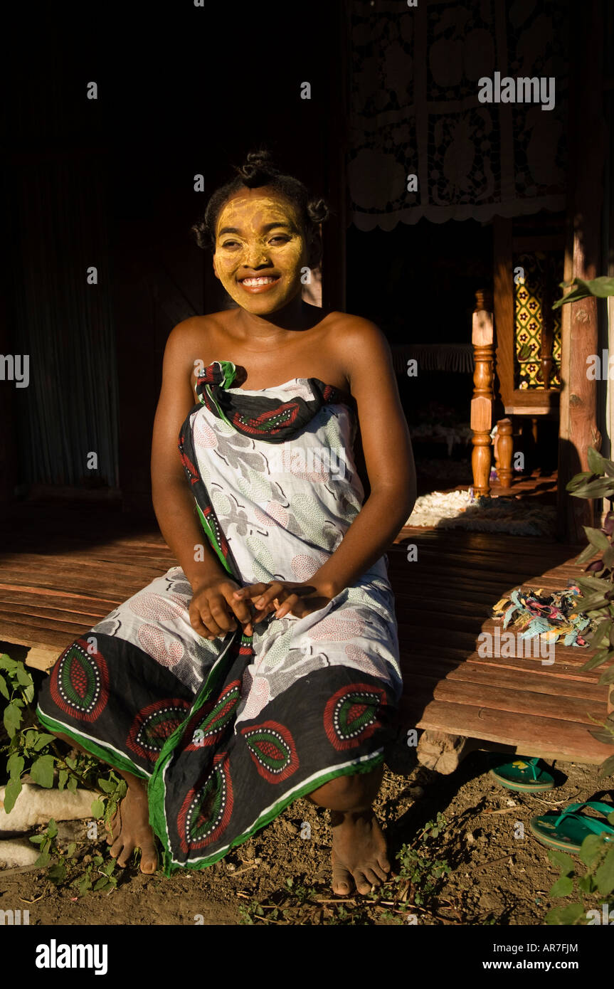 Girl with traditionally painted face from the Sakalava tribe, Nosy Be ...