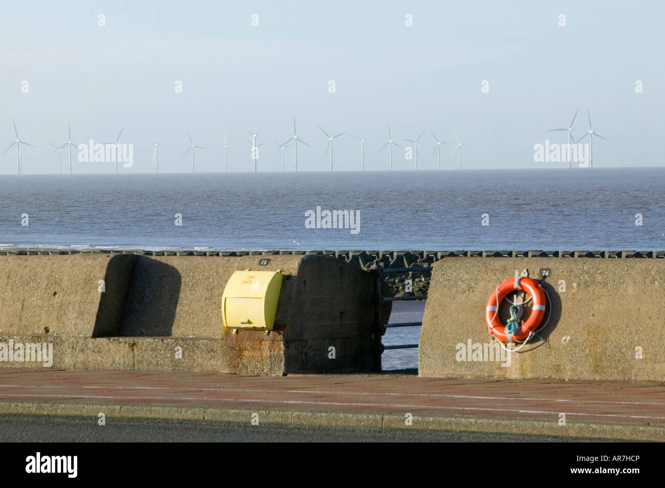 An Off shore windfarm off New Brighton in the Mersey Estuary Liverpool ...