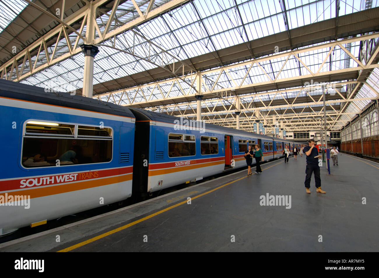 A southwest train and passengers on platform 2 at Waterloo station in ...