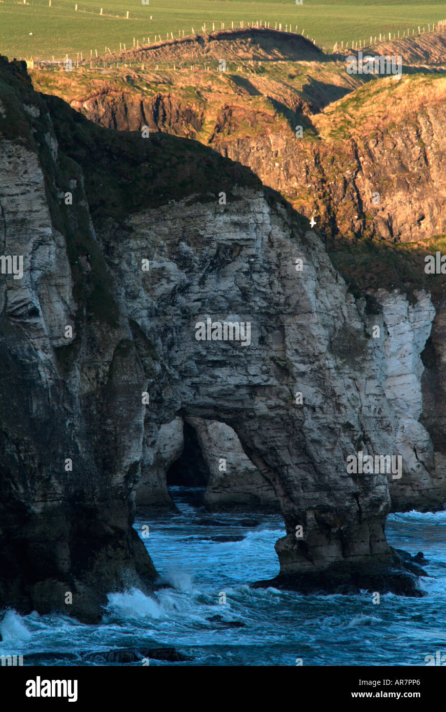 Vertical view of a sea arch along the causeway coast County Antrim ...